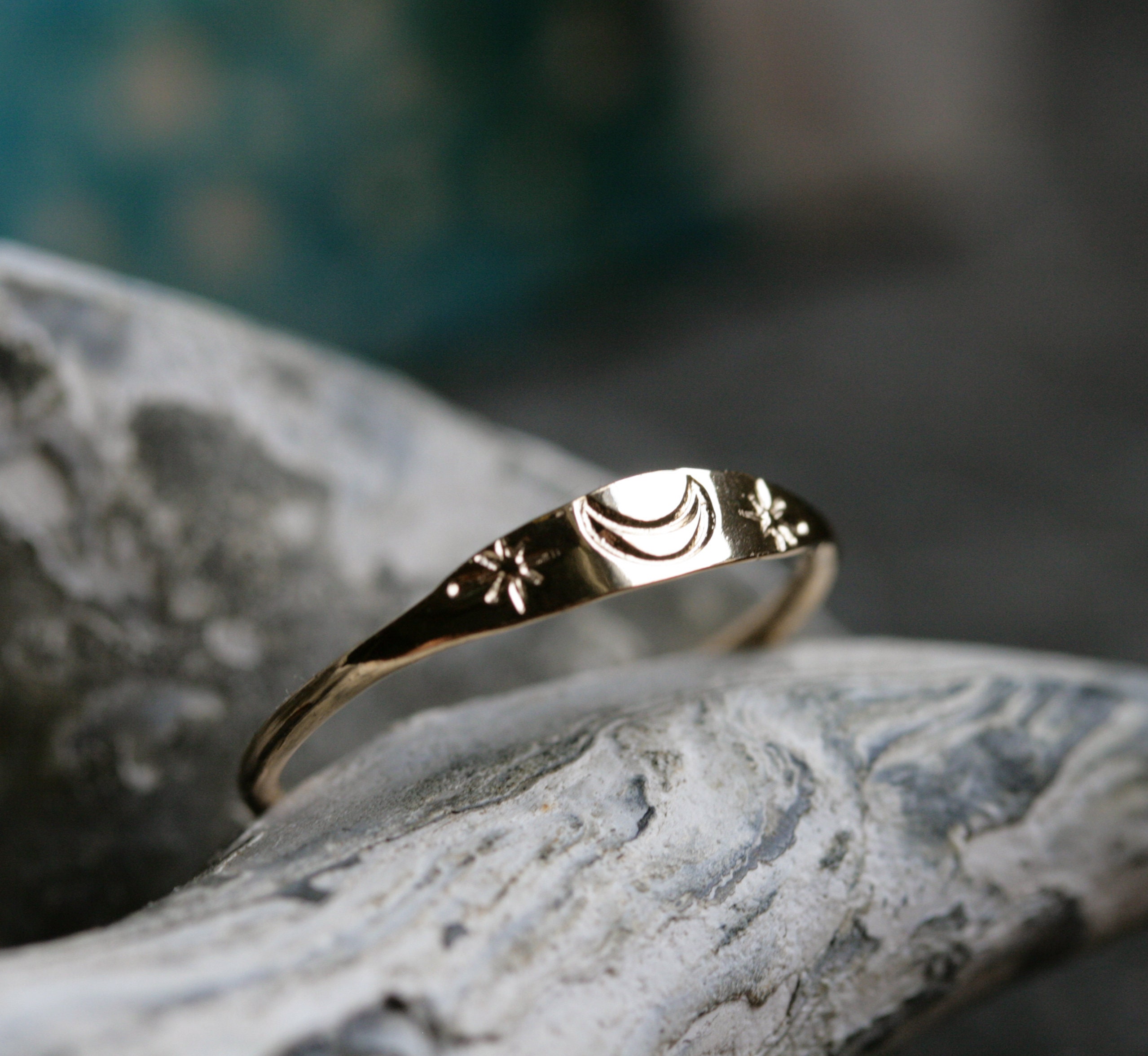 Crescent Moon and Stars Ring- Dainty Solid Gold Ring- Handmade ...