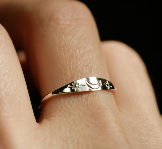 Dainty celestial handmade silver ring crescent moon and North Stars ring galaxy astrology jewelry MOON STARS RING in sterling silver Etsy
