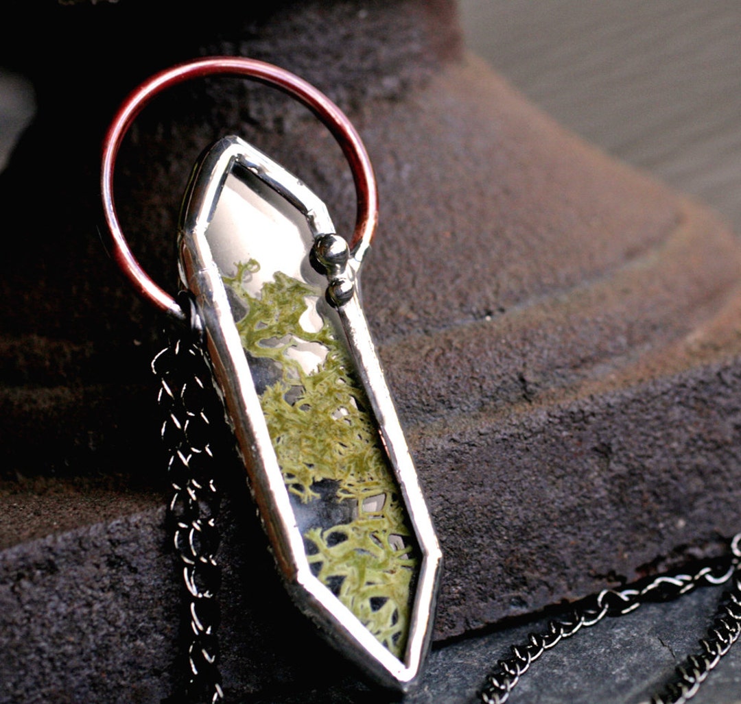 Terrarium Necklace Moss Crystal Necklace Long Layering Necklace Copper ...
