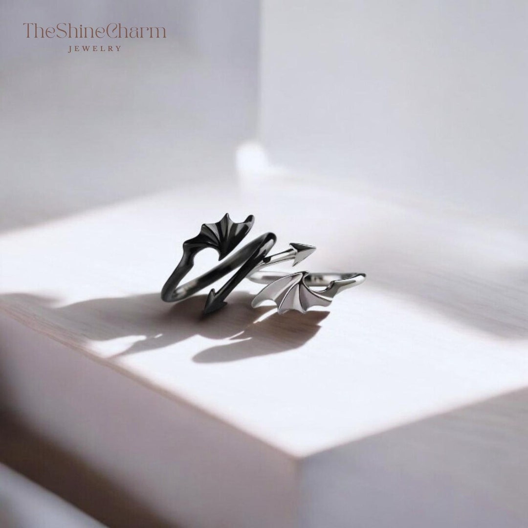 Black & Silver Angel Couple Rings, Adjustable Rings, Matching Couple ...