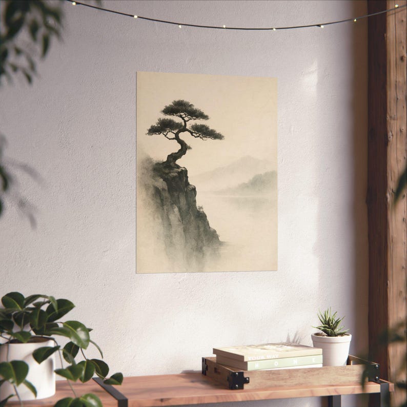Minimalist Zen Bonsai Wall Art, Japanese Ink Wash (sumi-e) Vertical ...
