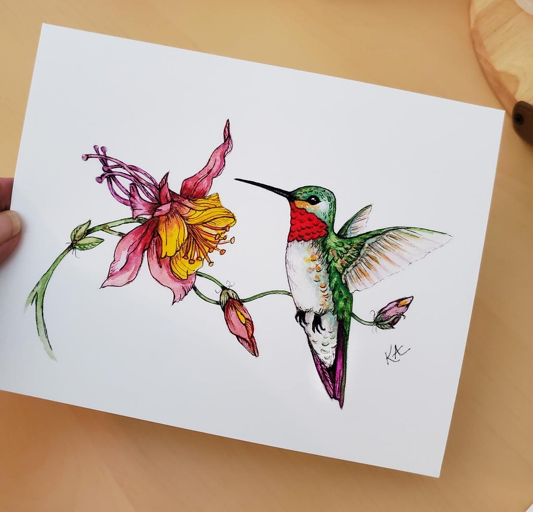 Hummingbird and Columbine Flower High-quality Archival 5x7 Giclée Print ...