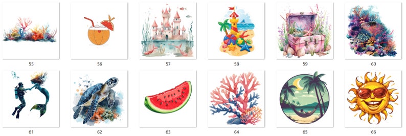 Sunny Beach Day Clipart Bundle, Watercolor Summer, Cute Undersea ...