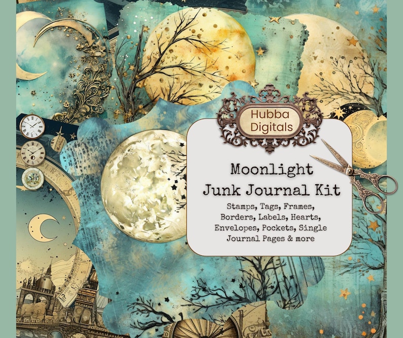 Moonlight Junk Journal Kit, Digital Printable Kit, Moon and Sun ...