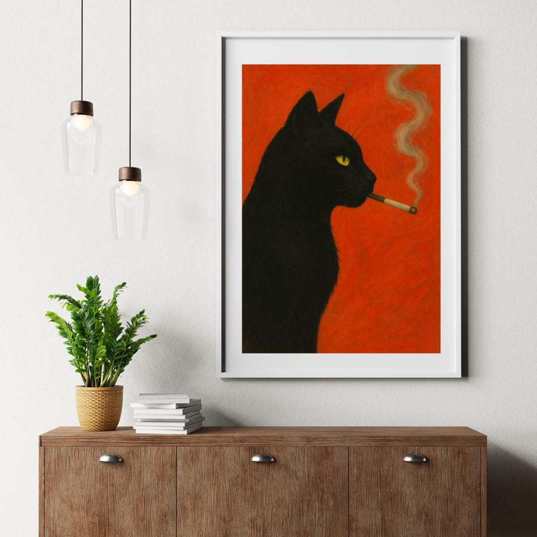 Black Cat Smoking, Cigarette Vintage, Poster Art, Retro Whimsical Print ...