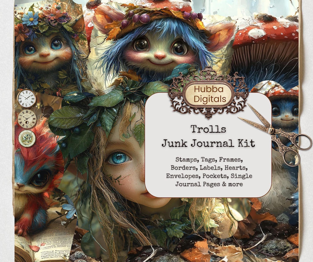 Trolls Junk Journal Kit, Fantasy Trolls Scrapbook, Printable Background ...