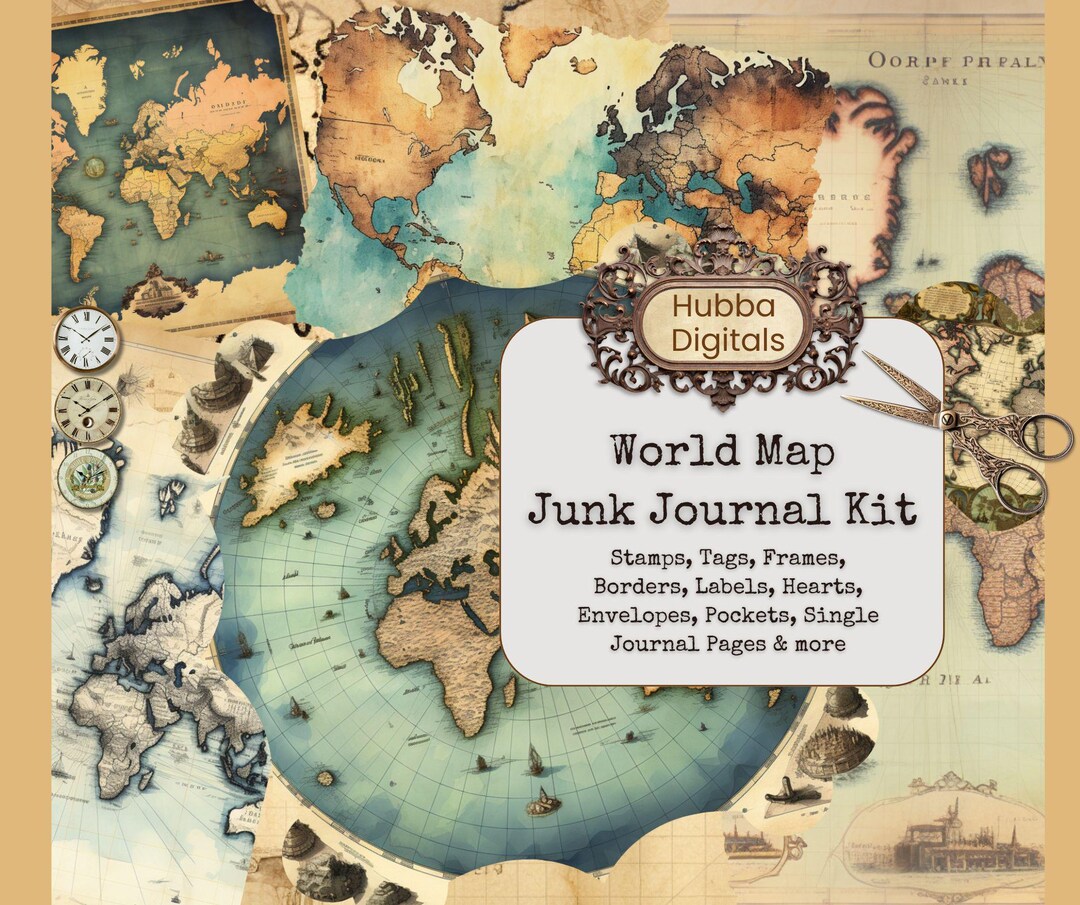Vintage World Map Junk Journal Kit, Printable Vintage Map Papers ...