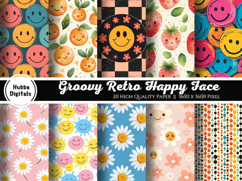 GROOVY RETRO, Retro Happy Face Seamless Pattern, 20 Retro Background ...