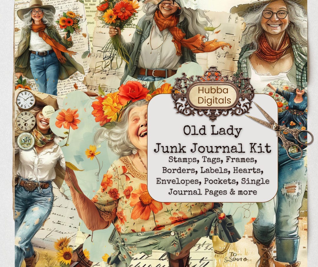 Hippie Old Lady Junk Journal Kits, Funny Old Woman, Stamps, Tags ...