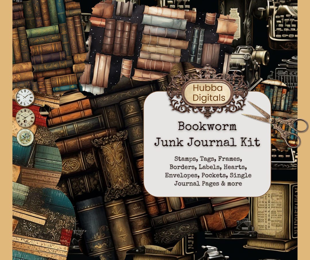 Bookworm Junk Journal Kit, Printable Collage, Vintage Library, Digital ...