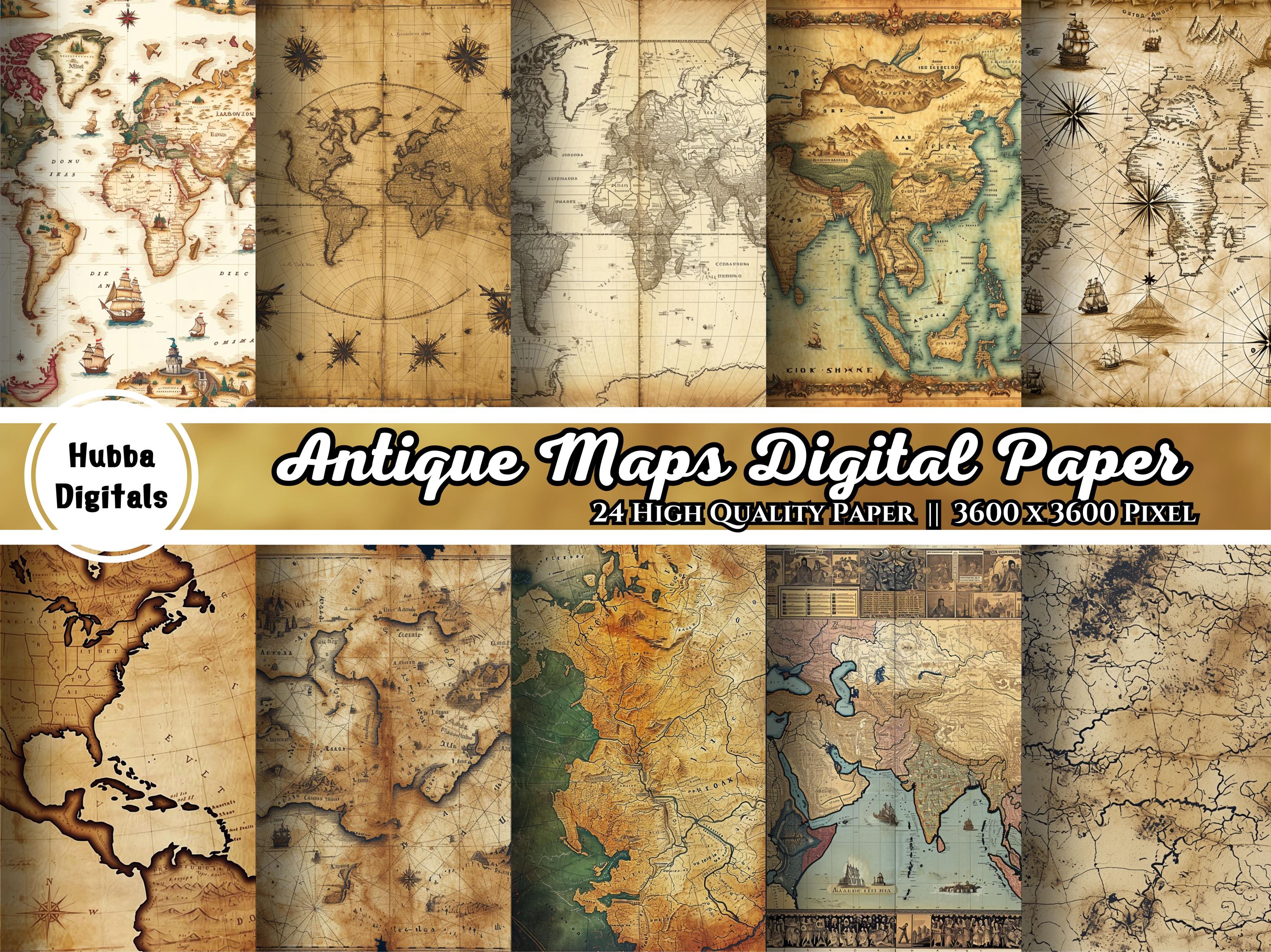 Antique Maps Digital Paper, 24 Vintage Maps, World Map Scrapbook Paper ...