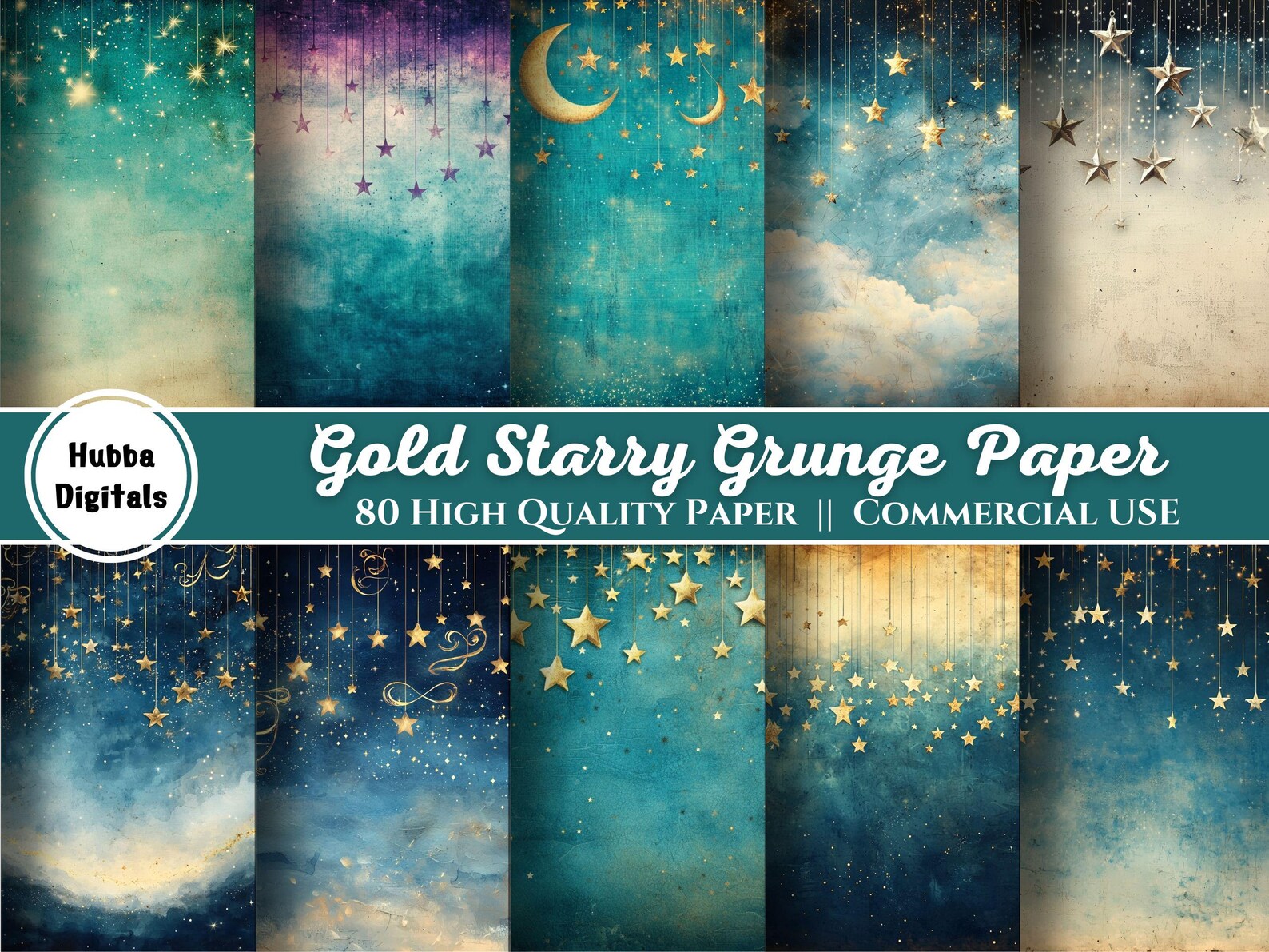 Gold Starry Grunge Digital Paper, Golden Starry Night Digital Papers ...