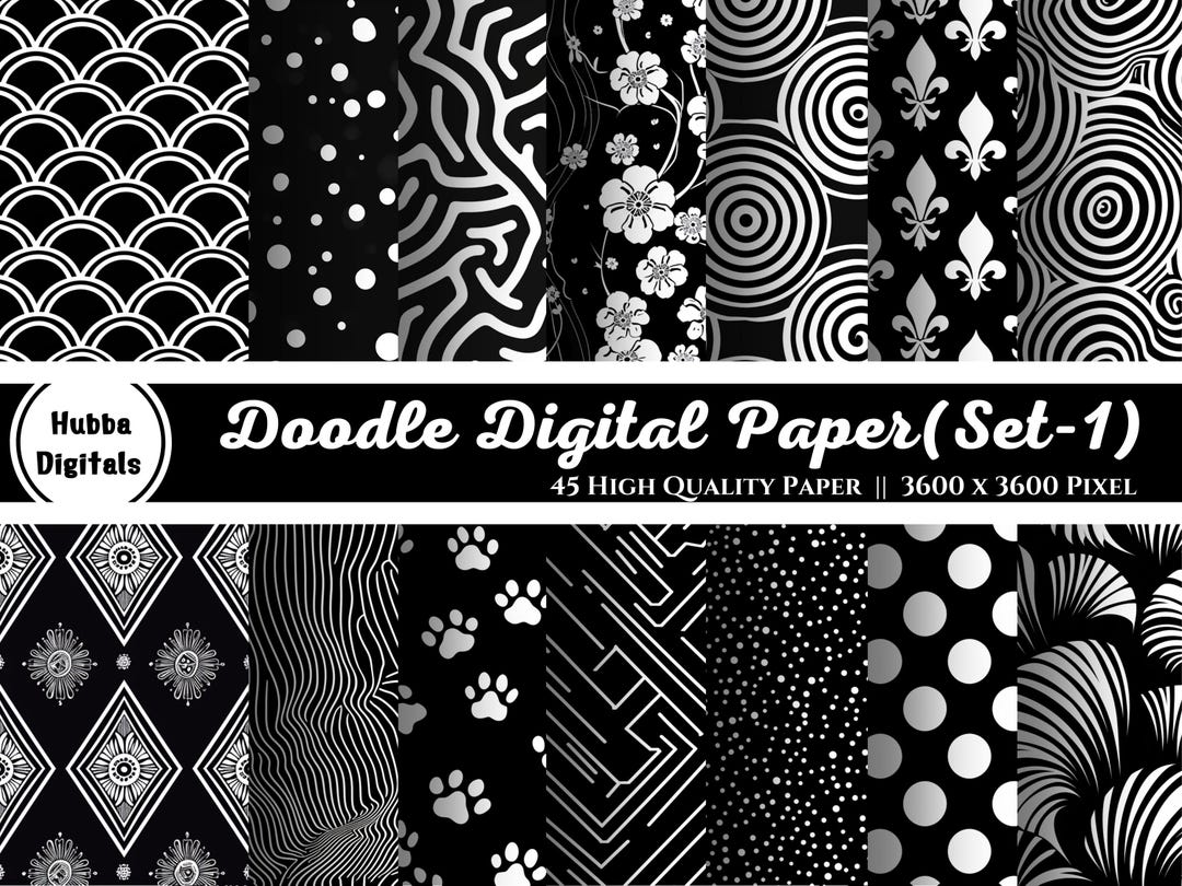 Black and White Doodle Digital Paper Pack| 45 Patterns Scrapbooking ...