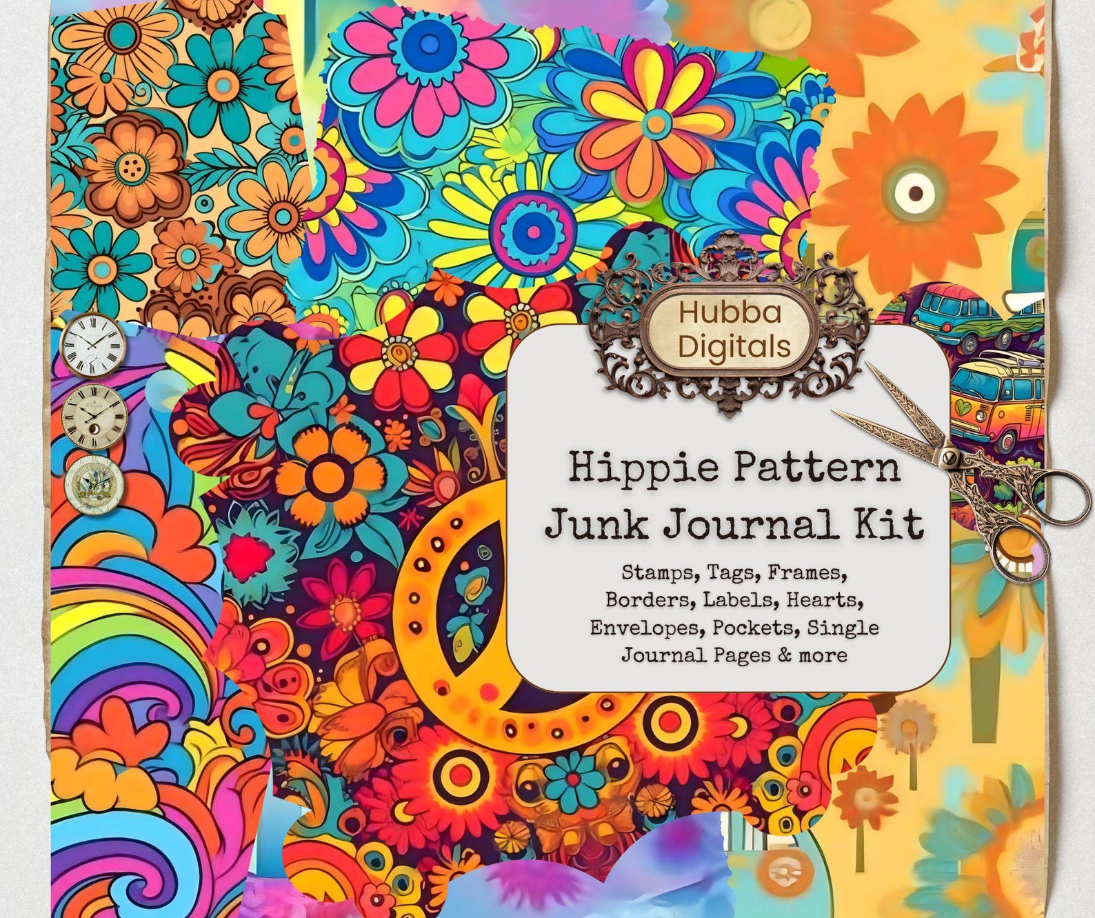 Hippie Pattern Junk Journal Kit, Commercial Use, Digital Paper, Hippie ...