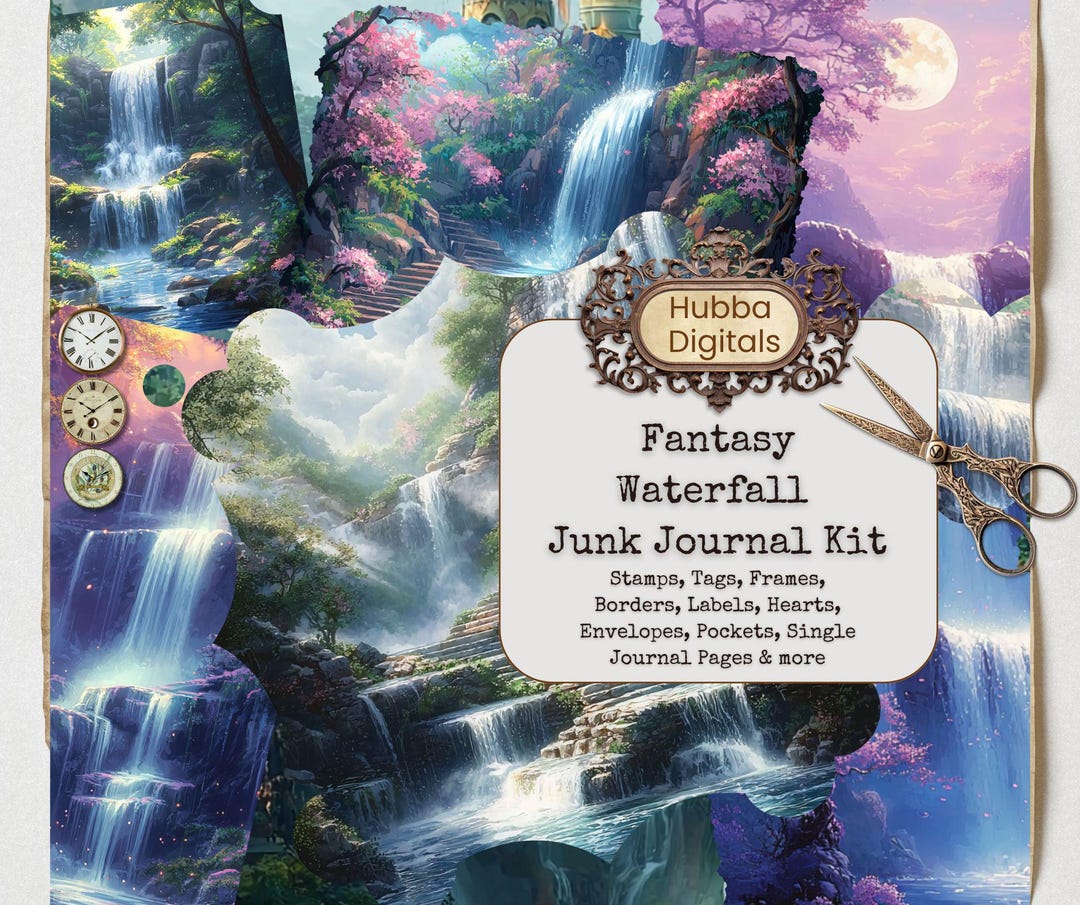 Printable Fantasy Waterfall Junk Journal, Mountain River Background ...