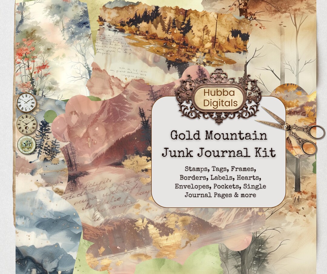 Rose Gold Mountain Peeks Junk Journal Kit, Whimsical Mountains ...