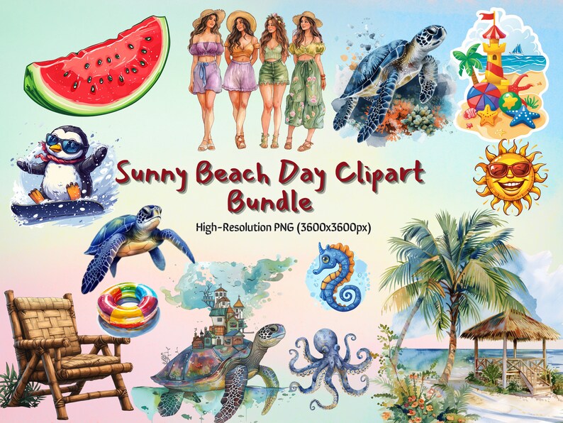 Sunny Beach Day Clipart Bundle, Watercolor Summer, Cute Undersea ...