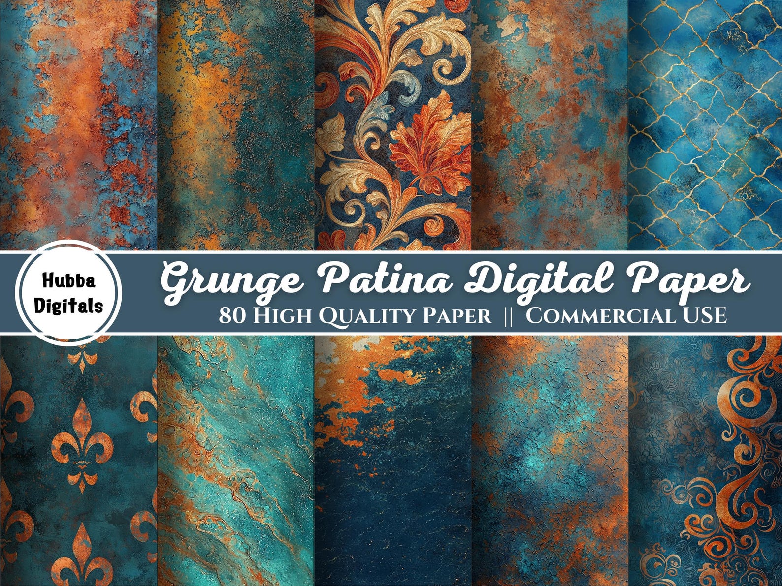 Grunge Patina Digital Paper, Antique Copper Textures, Damask Printable ...