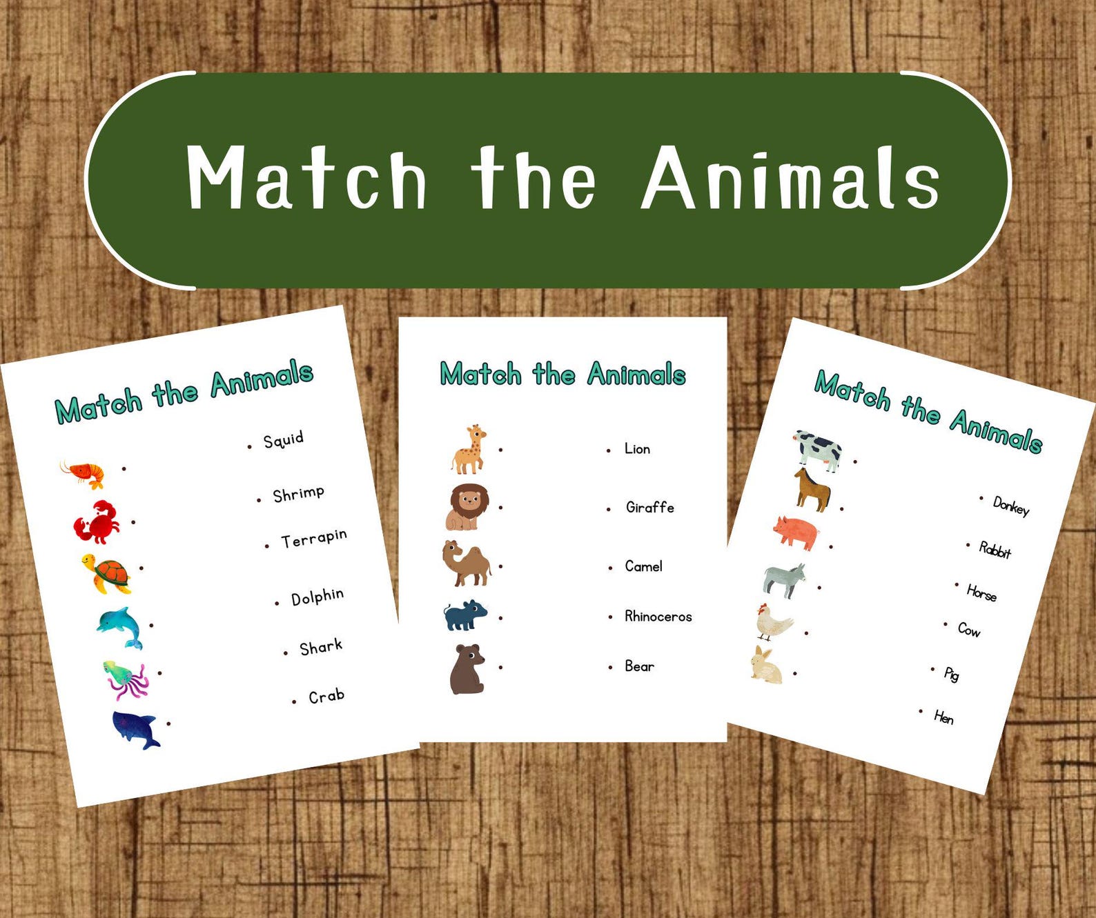 Printable Matching Worksheets, Match the Animals, Kindergarten ...