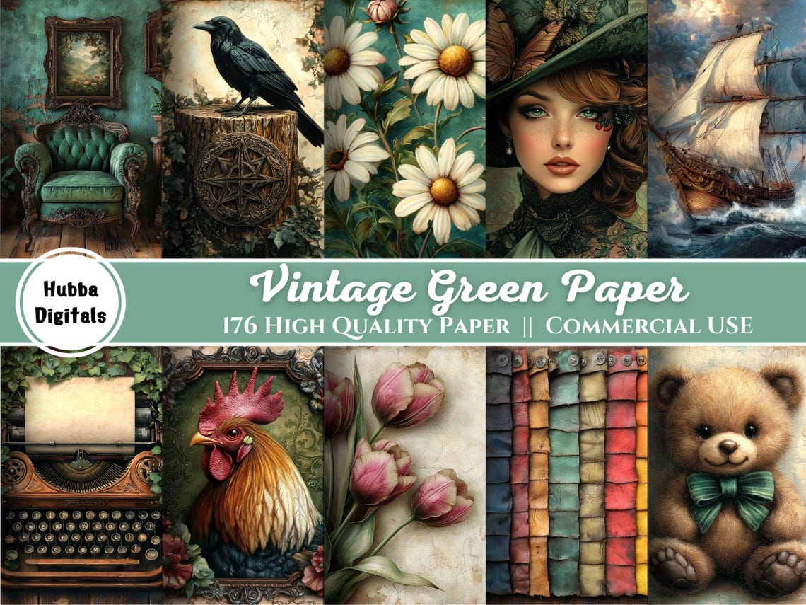 Vintage Green Paper, Junk Journal, Antique, Victorian, Weathered, Worn ...