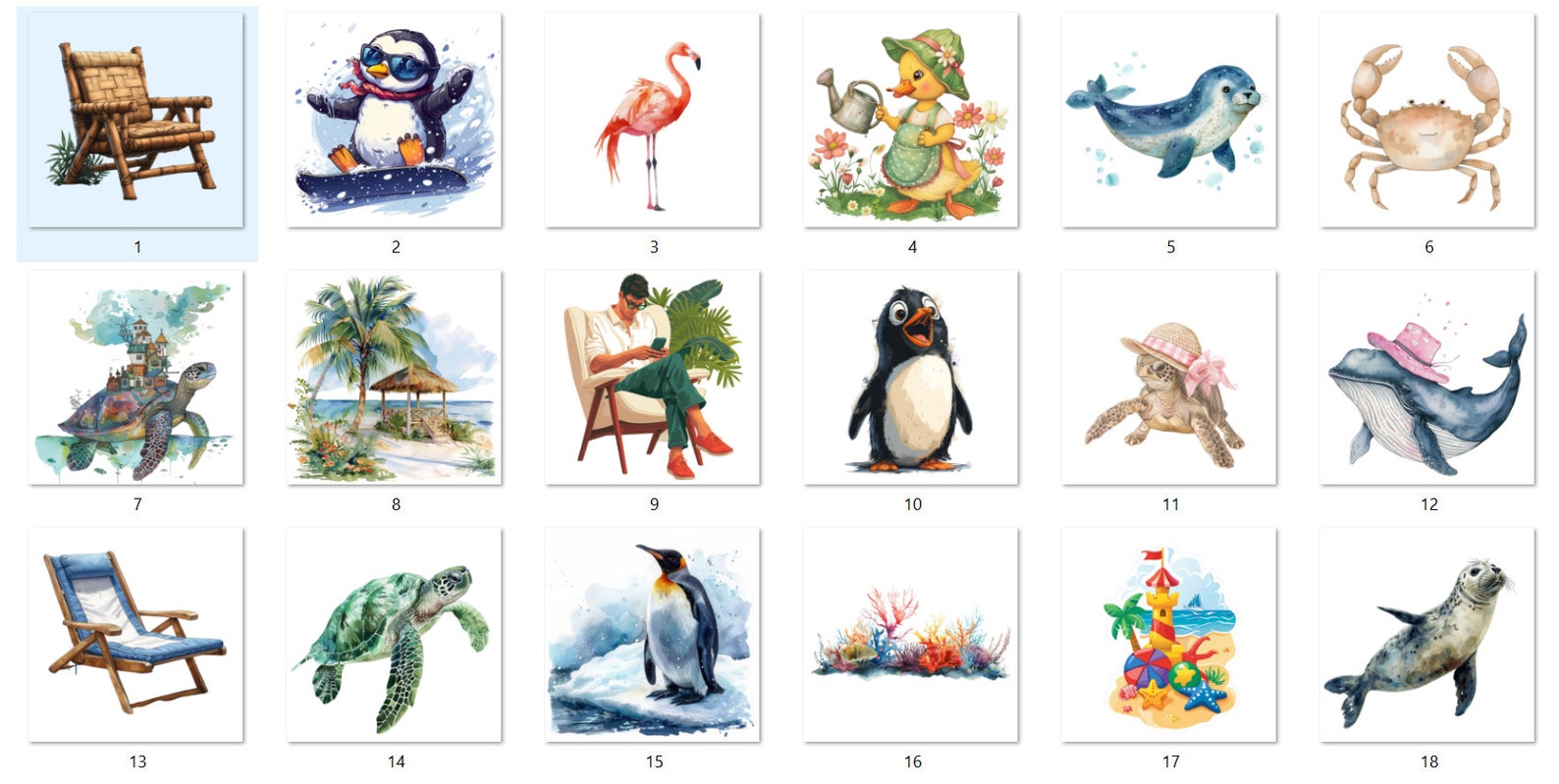 Sunny Beach Day Clipart Bundle, Watercolor Summer, Cute Undersea ...