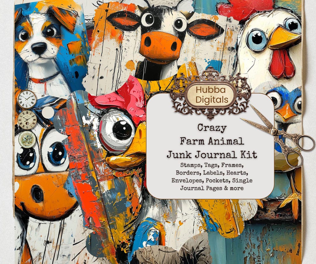 Crazy Farm Animal Printable Junk Journal Kit, Cute Mixed Media Image ...