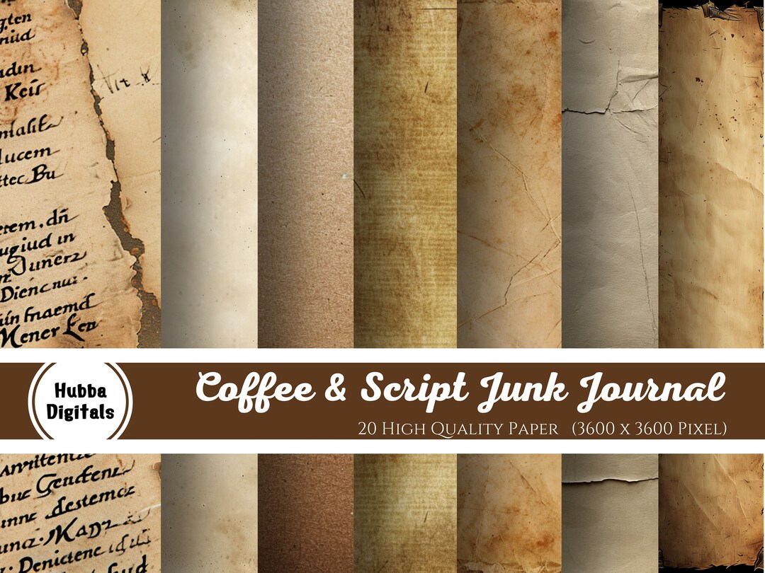 Coffee & Script, Papers, 20 Junk Journal, Neutral, Brown, Dyed, Tea ...