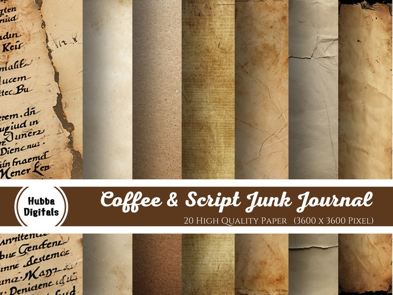 Coffee & Script, Papers, 20 Junk Journal, Neutral, Brown, Dyed, Tea ...