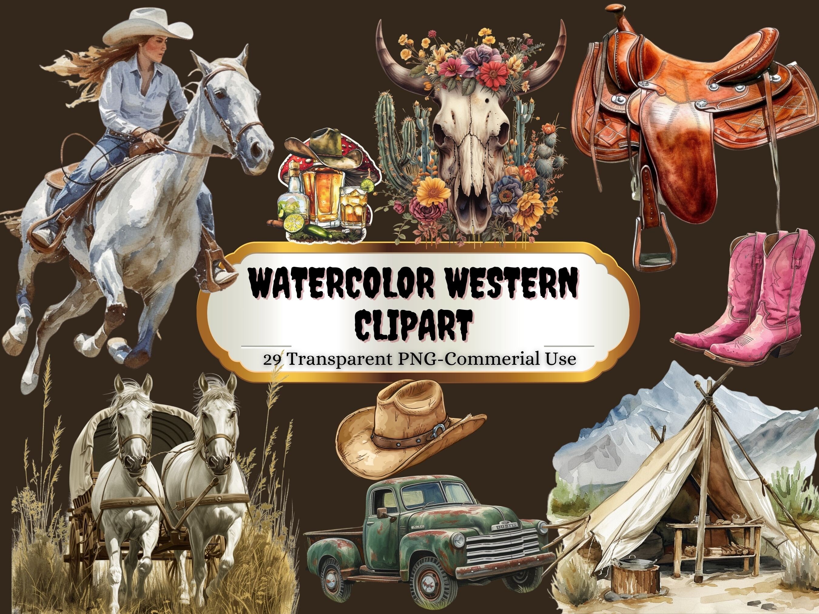 Watercolor Western Clipart - 29 Texas Cowboy Ranch PNG Format Instant ...