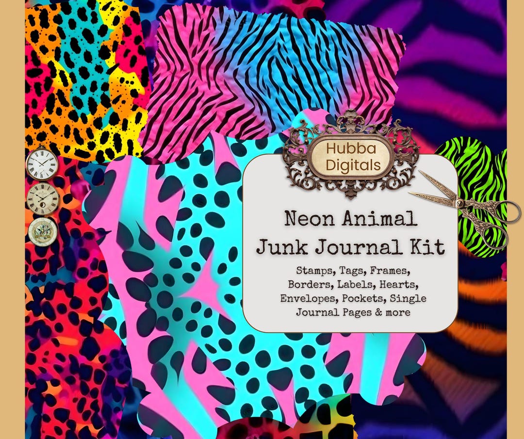 Neon Animal Print Junk Journal Kit, Rainbow Safari Seamless Pattern ...