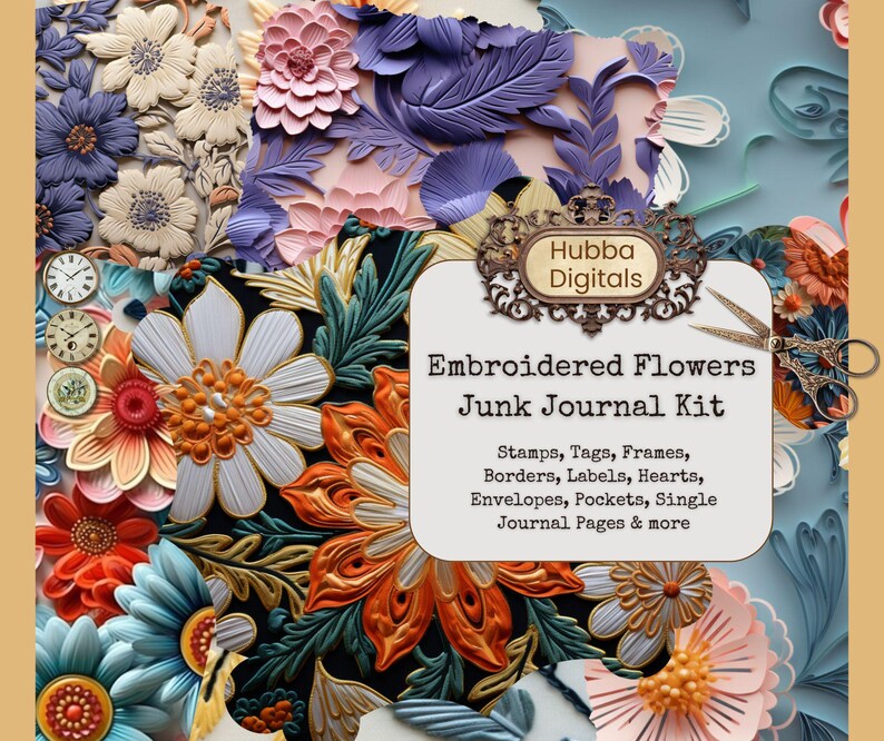 Embroidered Flowers Junk Journal Kit, Digital Paper, 3d Flower Pattern ...
