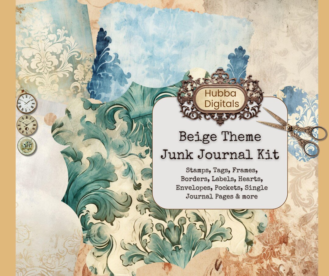 Beige Theme Junk Journal Kit, Big Bundle Damask Pattern, Stripes, Dots ...
