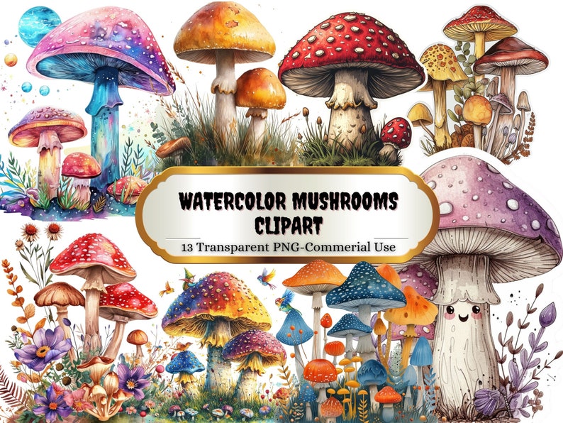 Watercolor Mushrooms Clipart - Instant Download - 13 Cute Forest Nature ...