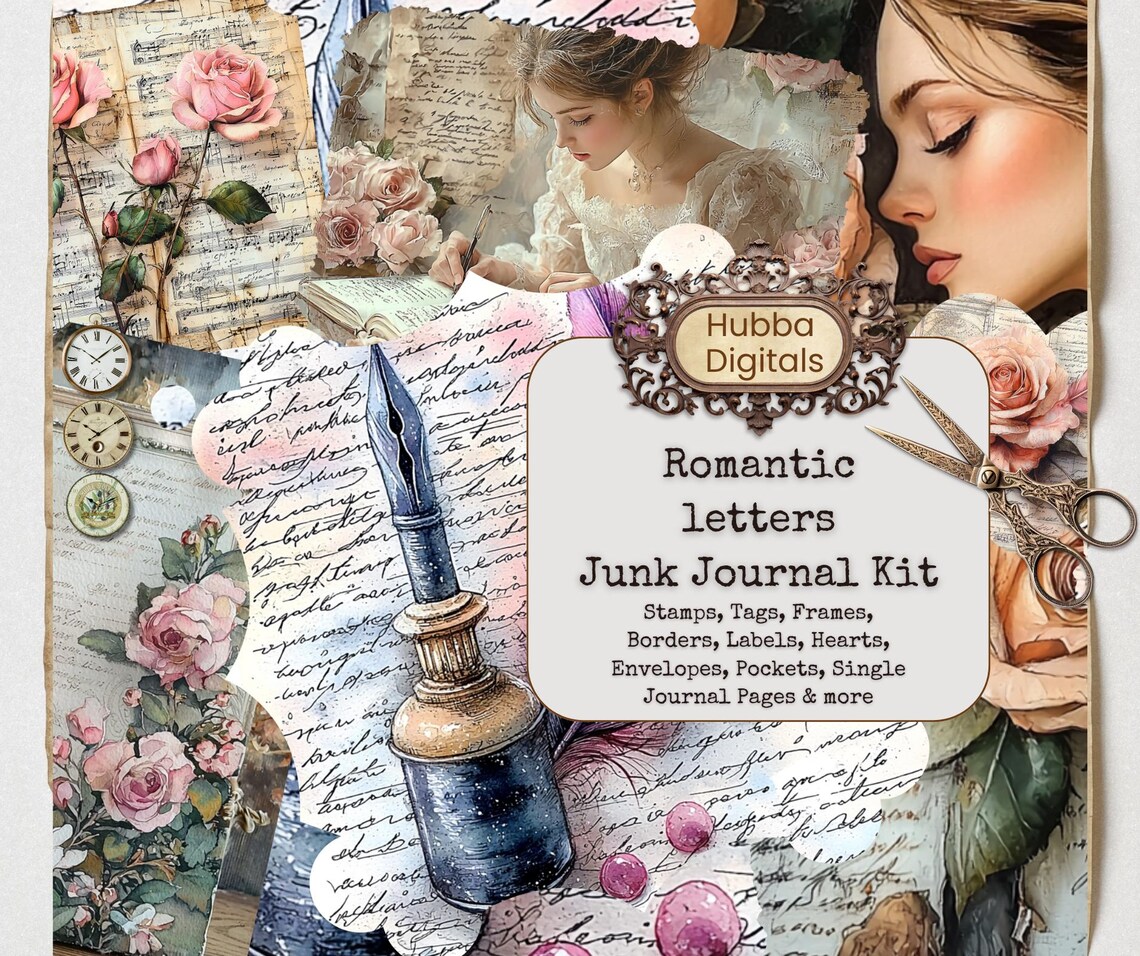 Romantic Letters Junk Journal Kit, Handwritten Letters, Pink Roses ...