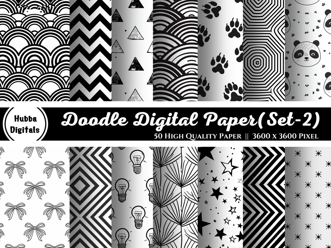 Black and White Doodle Digital Paper Pack| 50 Patterns Scrapbooking ...