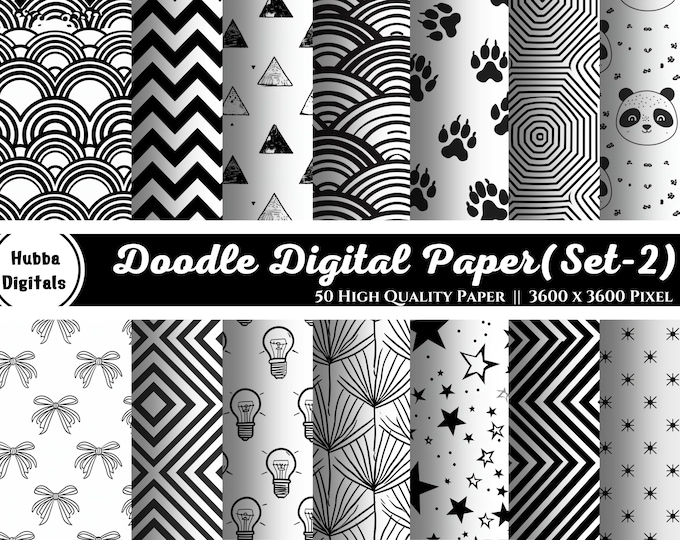 Black and White Doodle Digital Paper Pack| 50 Patterns Scrapbooking ...