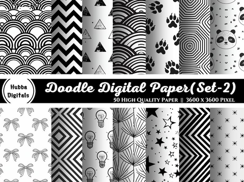 Black and White Doodle Digital Paper Pack| 50 Patterns Scrapbooking ...