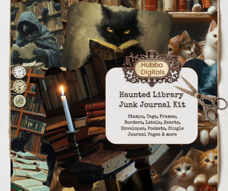 Haunted Library Junk Journal Kit, Embellishments Vintage, Halloween ...