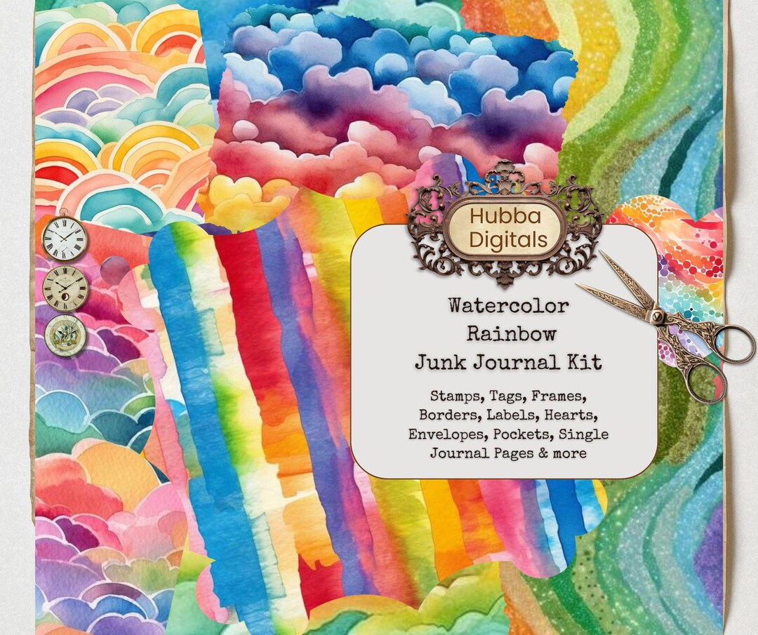 Watercolor Rainbow Junk Journal Kit, Rainbow Digital Papers, Watercolor ...