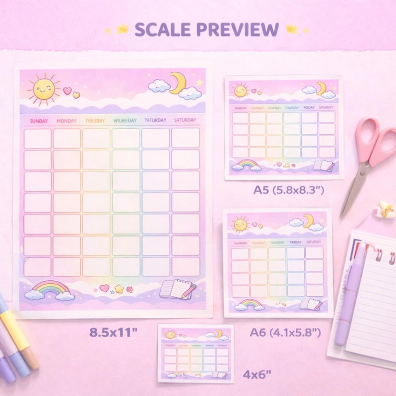 Pastel Monthly Calendar Printable | Rainbow Kawaii Planner (instant ...