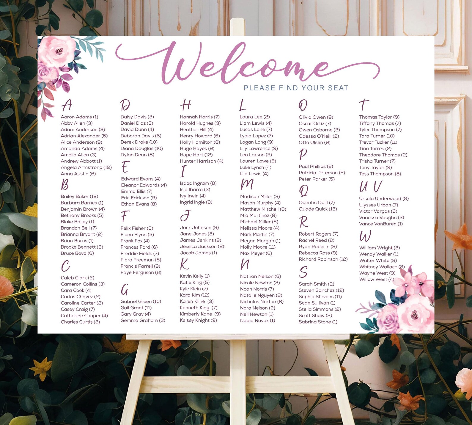 Alphabetical Seating Chart Sign Template | Wedding Seating Plan Sign ...