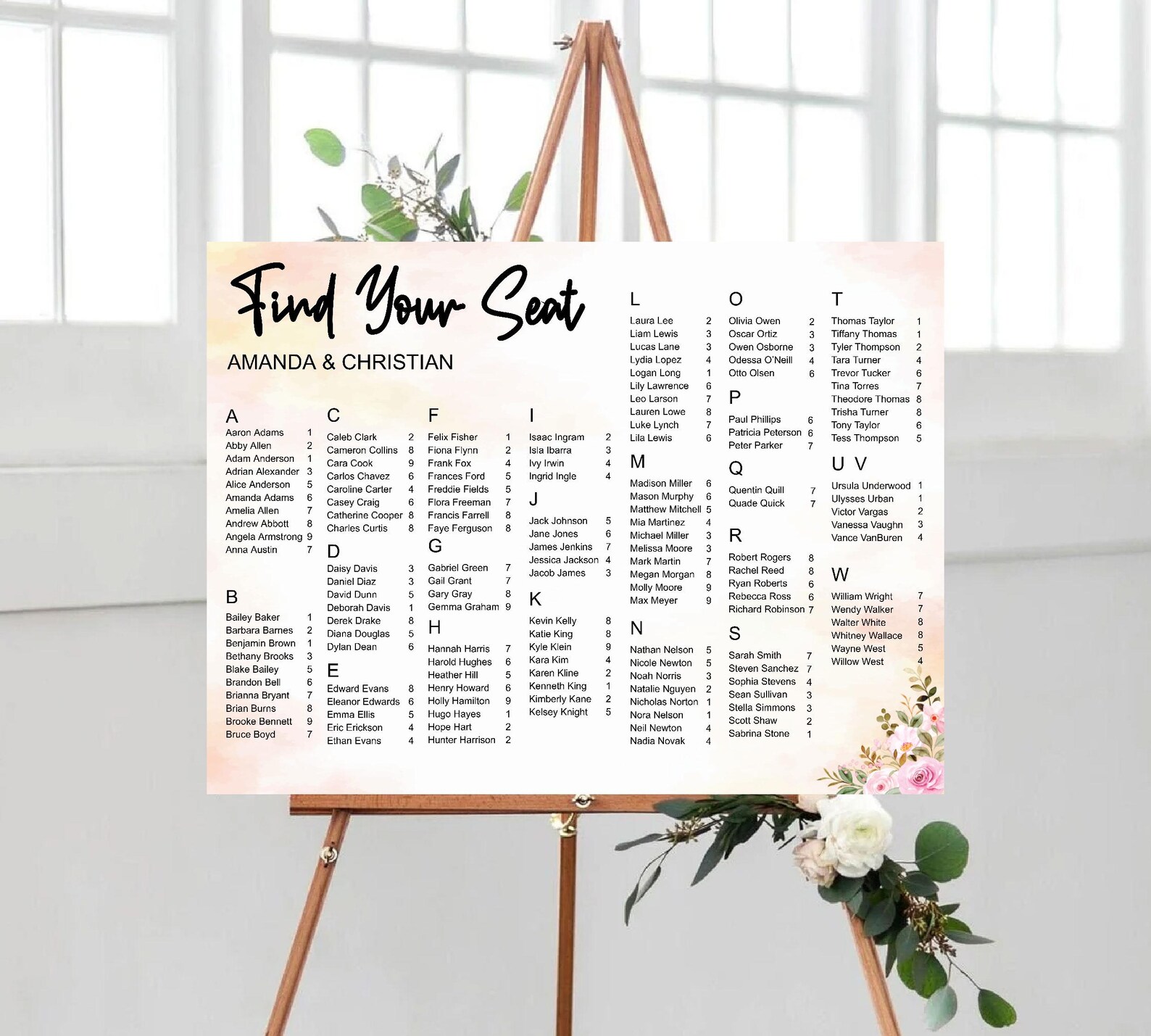 Alphabetical Seating Chart Sign Template Floral Printable Seating ...