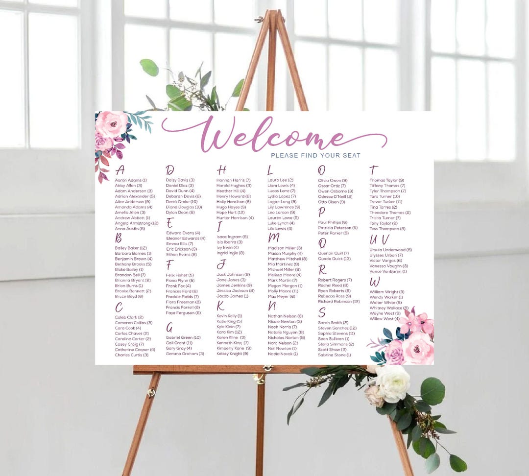 Alphabetical Seating Chart Sign Template | Wedding Seating Plan Sign ...