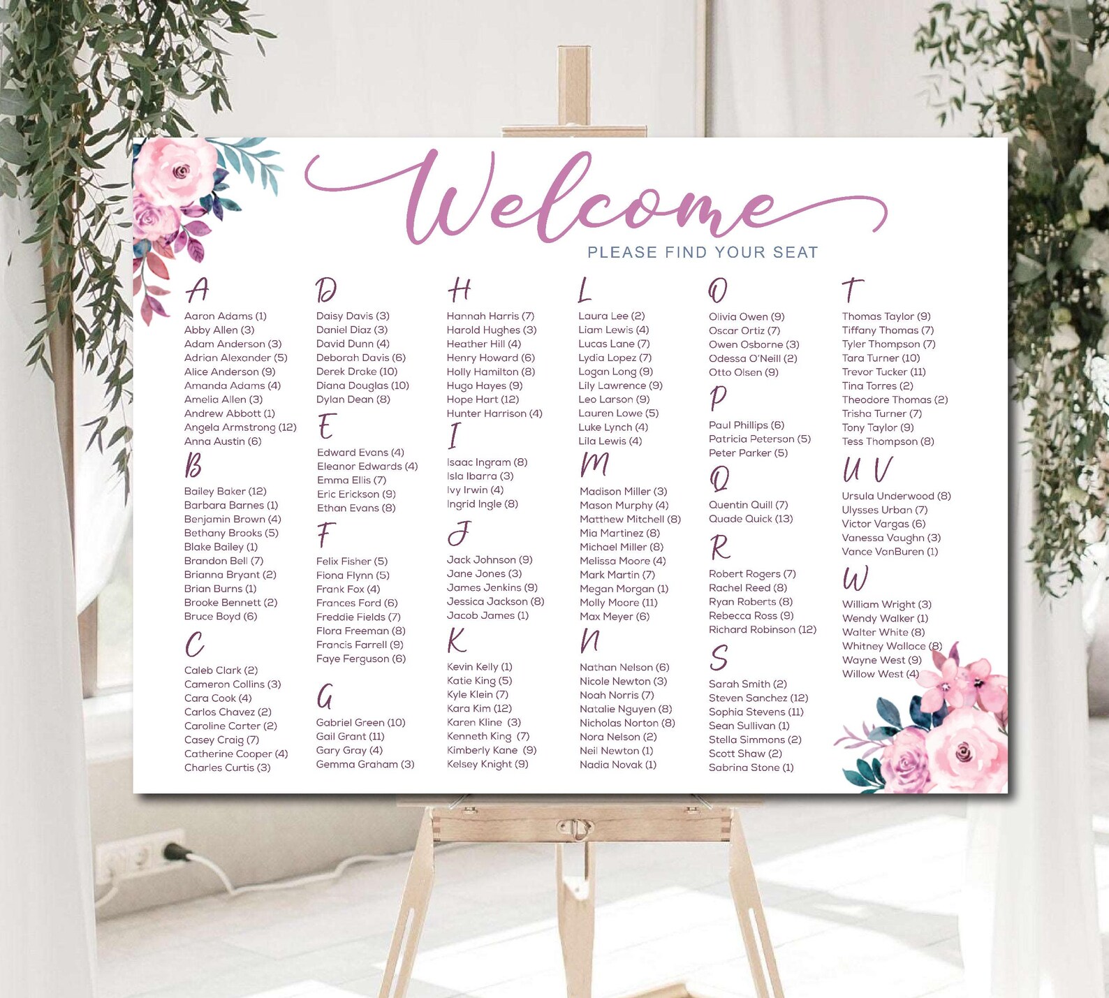 Alphabetical Seating Chart Sign Template | Wedding Seating Plan Sign ...