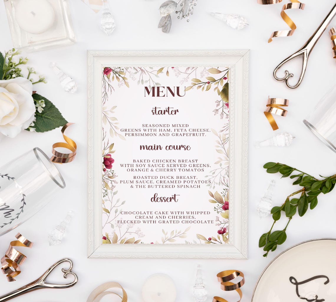 Tabletop Wedding Menu Template Floral Wedding Reception Dinner Menu ...