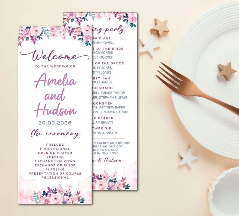 Floral Wedding Program Editable Template | Bi-fold Wedding Party ...