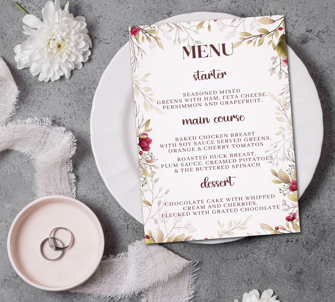 Tabletop Wedding Menu Template Floral Wedding Reception Dinner Menu ...