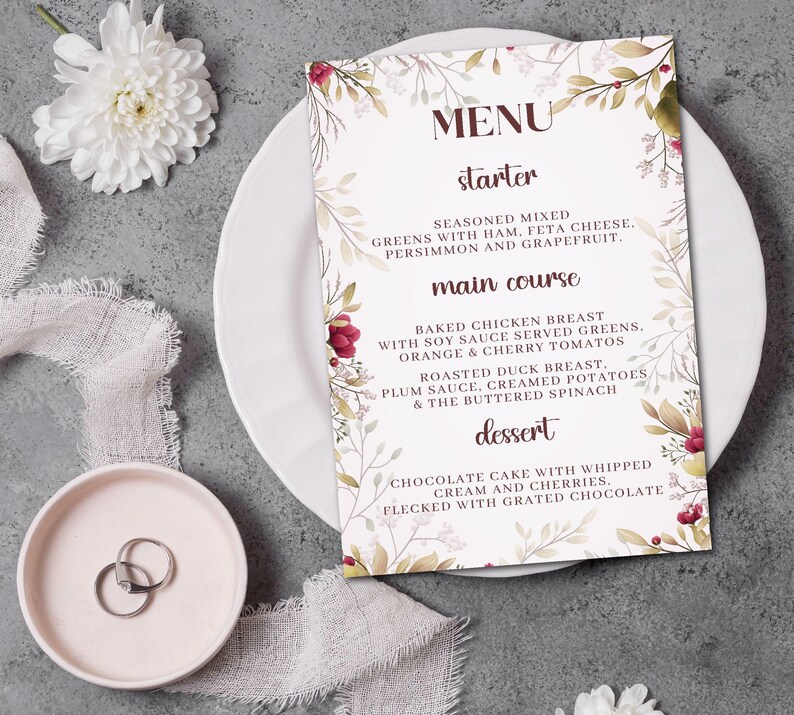 Tabletop Wedding Menu Template Floral Wedding Reception Dinner Menu ...