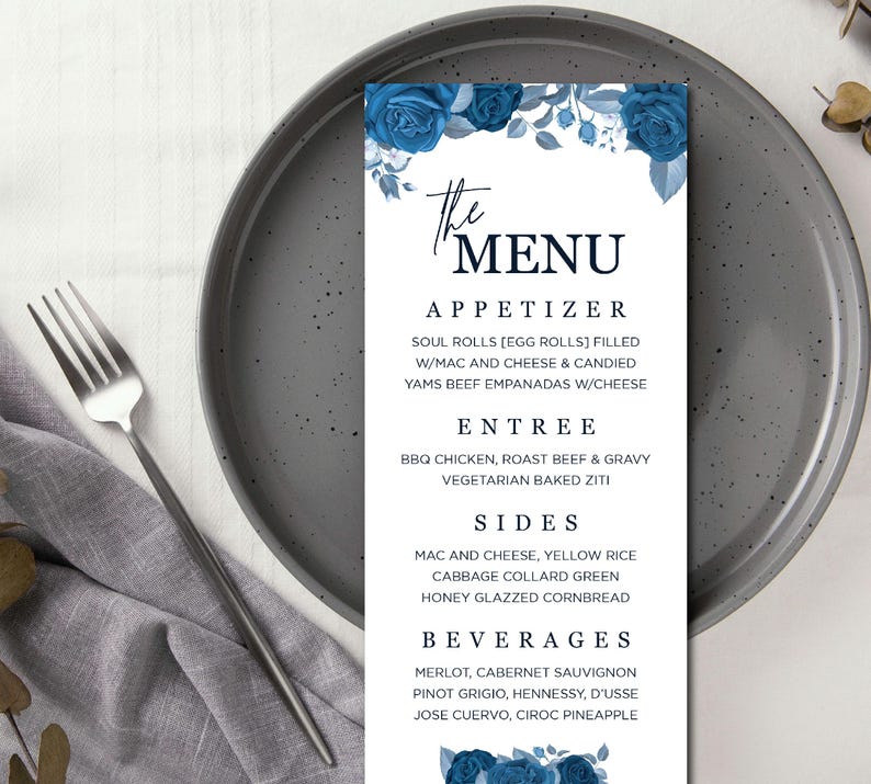 Blue Wedding Menu Template Floral Blue Wedding Dinner Menu Navy Florals ...