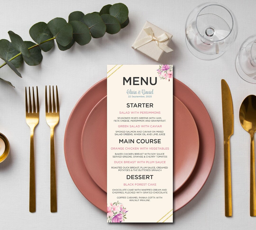 Colorful Floral Spring Menu Template | Printable Wedding Table Menu ...